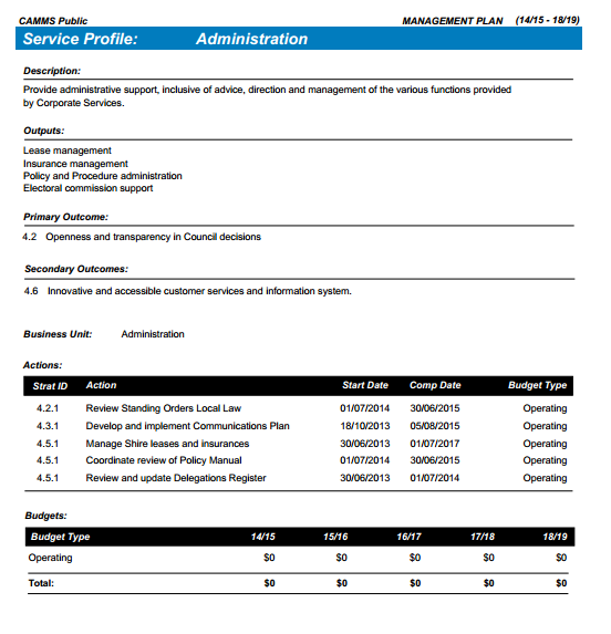 Management Plan by Business Unit Report